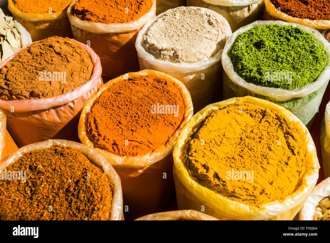 Many different goods like typical indian spices and curries are ...