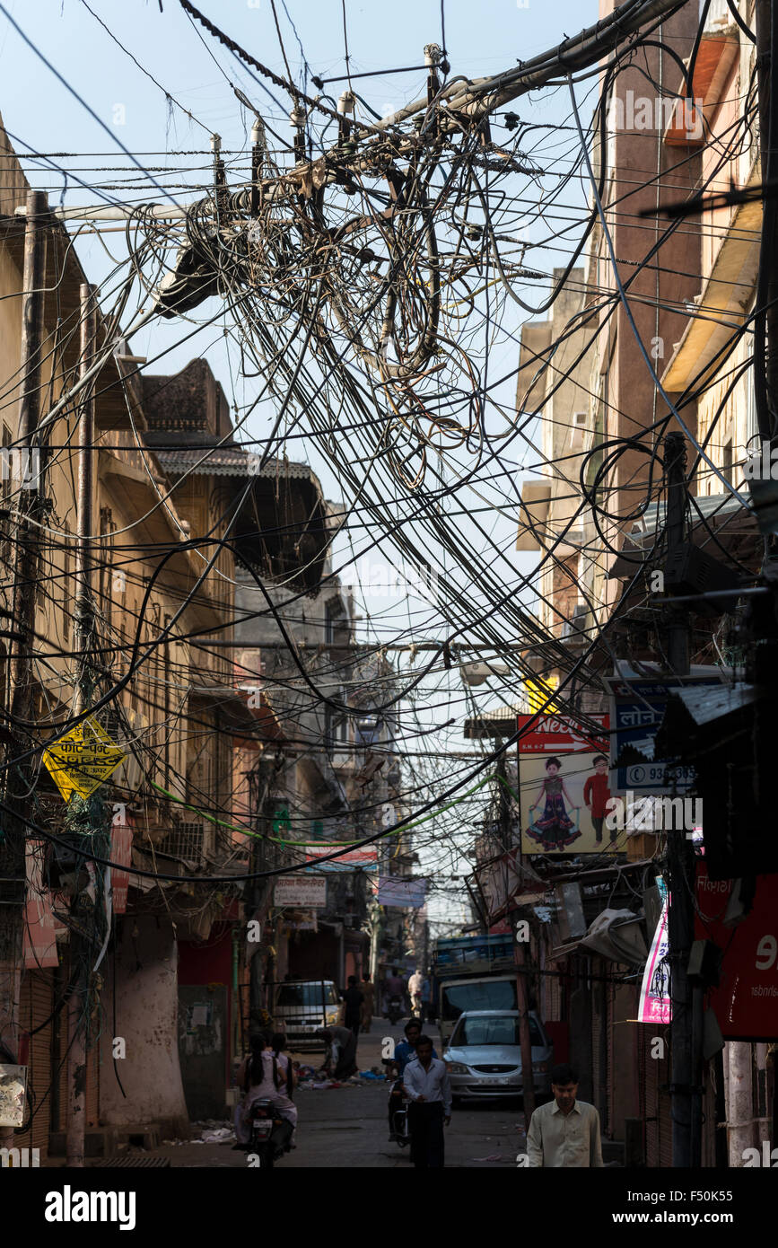 Chaotic electic wires in a small street of the old walled Pink City ...