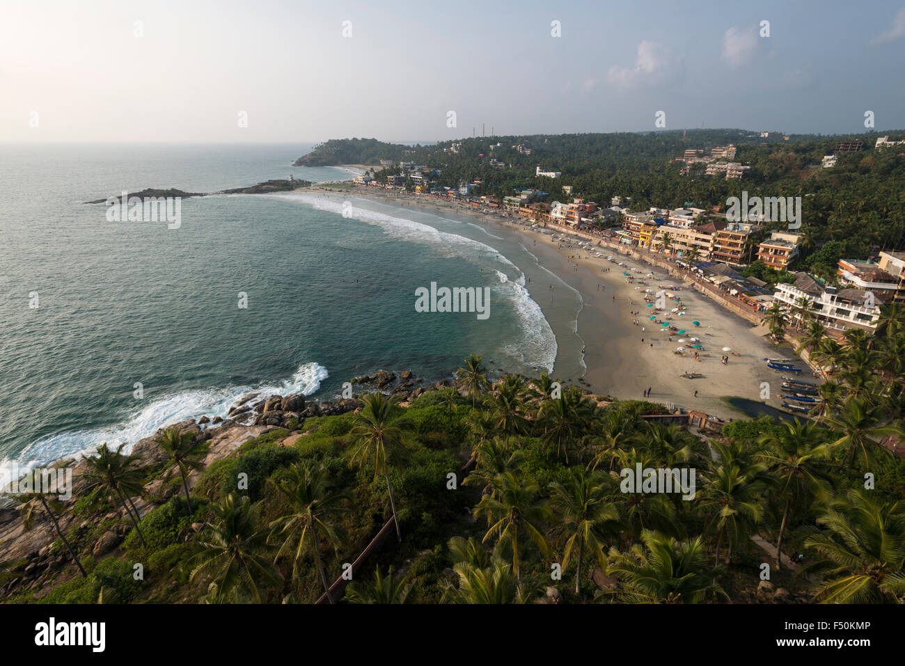 Aerial view on Kovalam Beach, the famous holiday spot with white sand ...