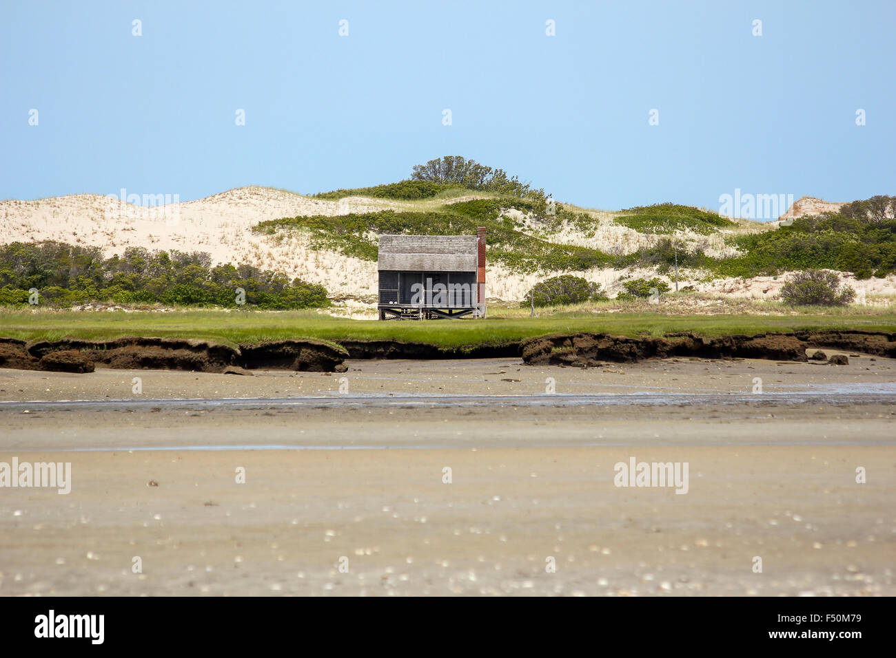 An isolated cottage on Sandy Neck barrier beach, Barnstable, Cape Cod ...