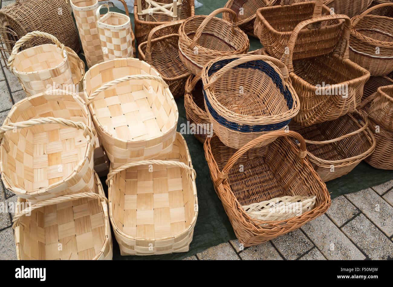 Various traditional natural wicker baskets on the Finnish fair Stock ...