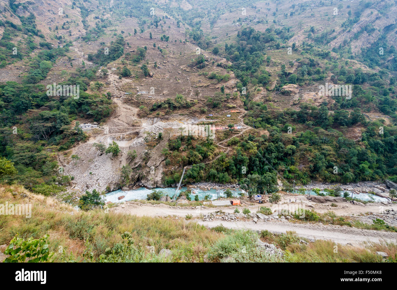Construction site of a hydro power plant in Marsyangdi Yuni valley ...
