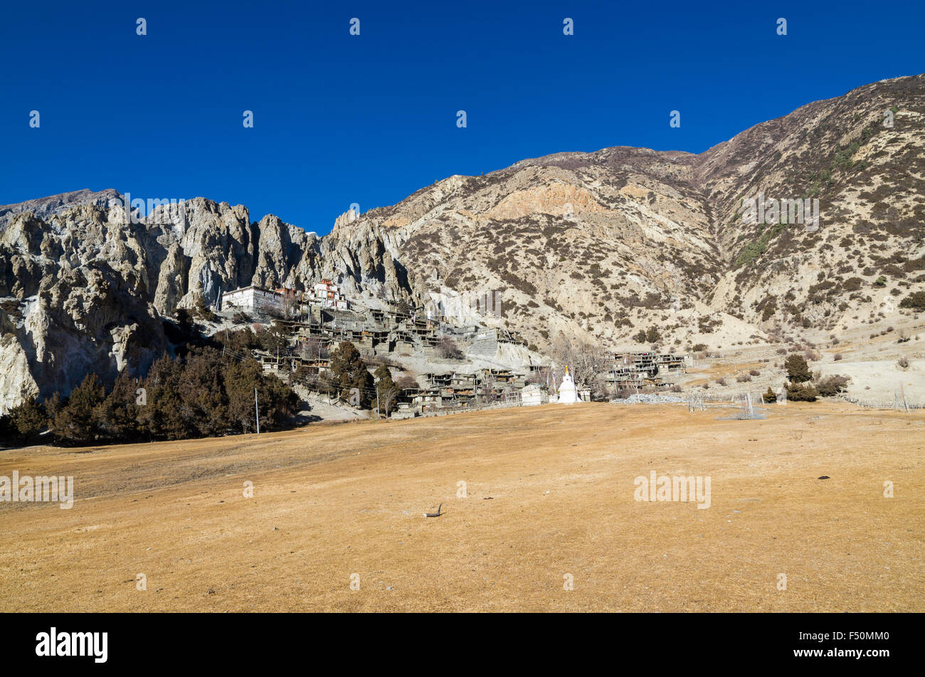 Basgo, a small village just before Manag, located at a mountain slope ...