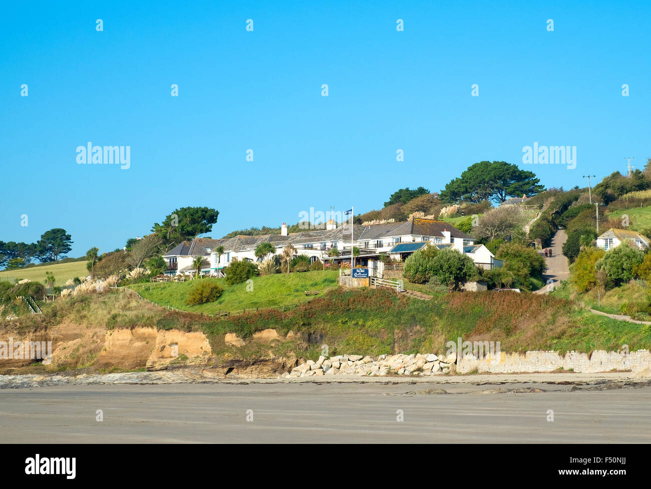 The Nare hotel overlooks carne beach in cornwall, uk Stock Photo - Alamy