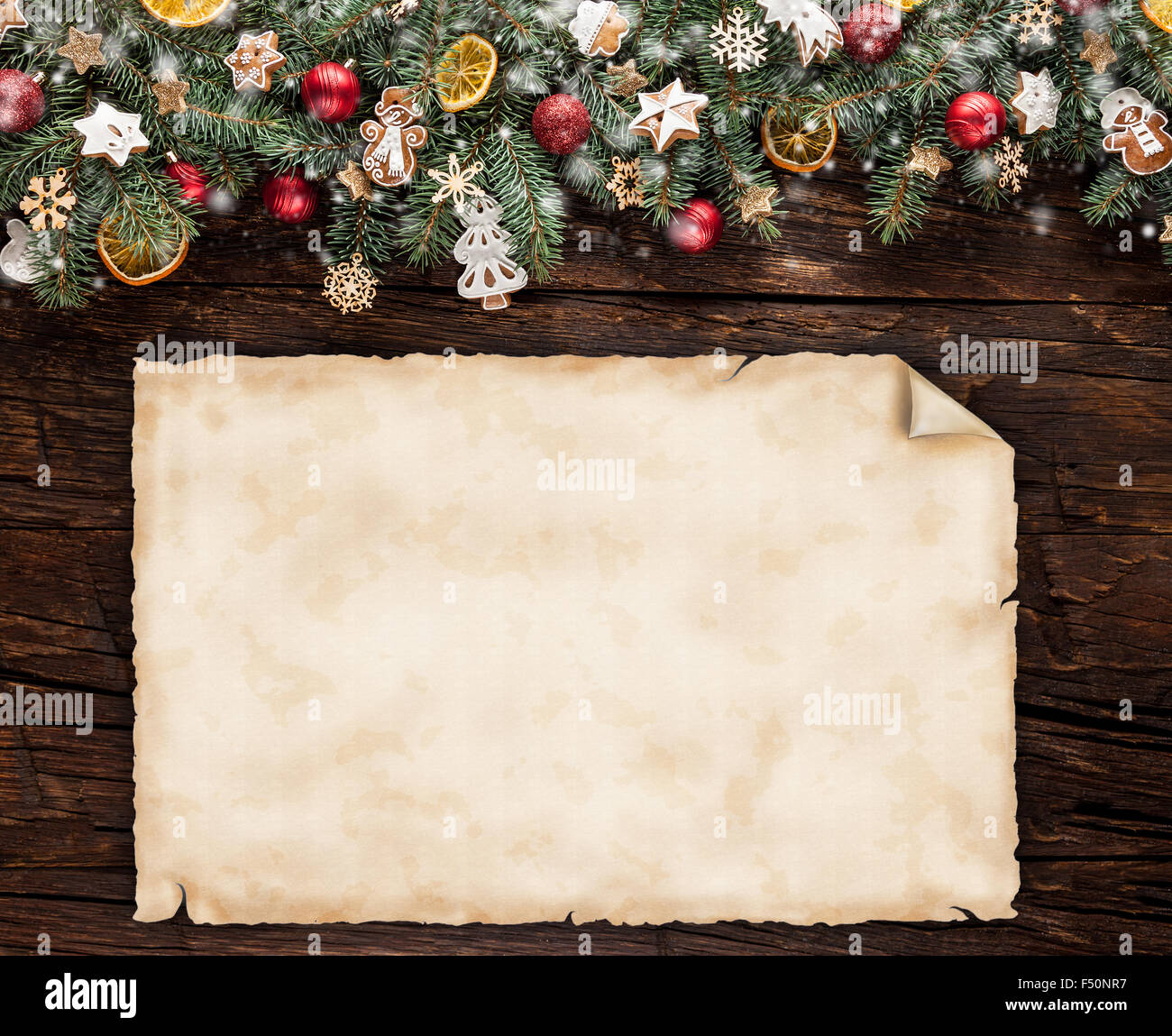 Christmas fir tree decoration with blank scroll Stock Photo - Alamy