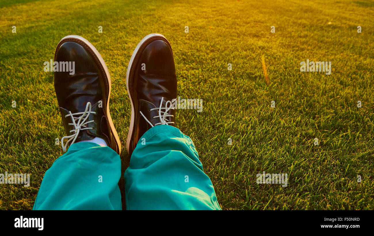 Man relaxing, enjoying landscape on sunny day - point of view Stock ...
