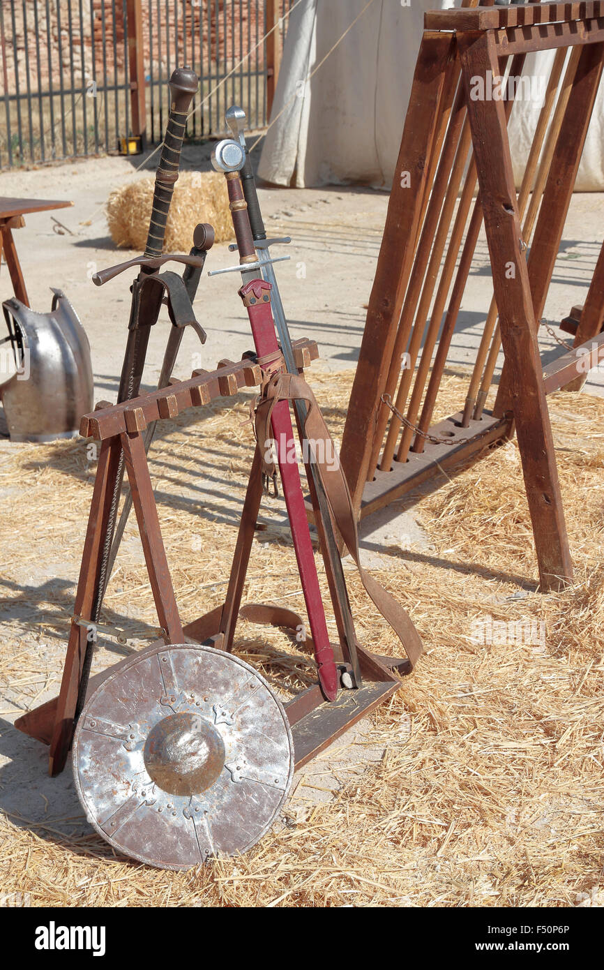 medieval swords and shield on a recreation of a medieval scene Stock ...