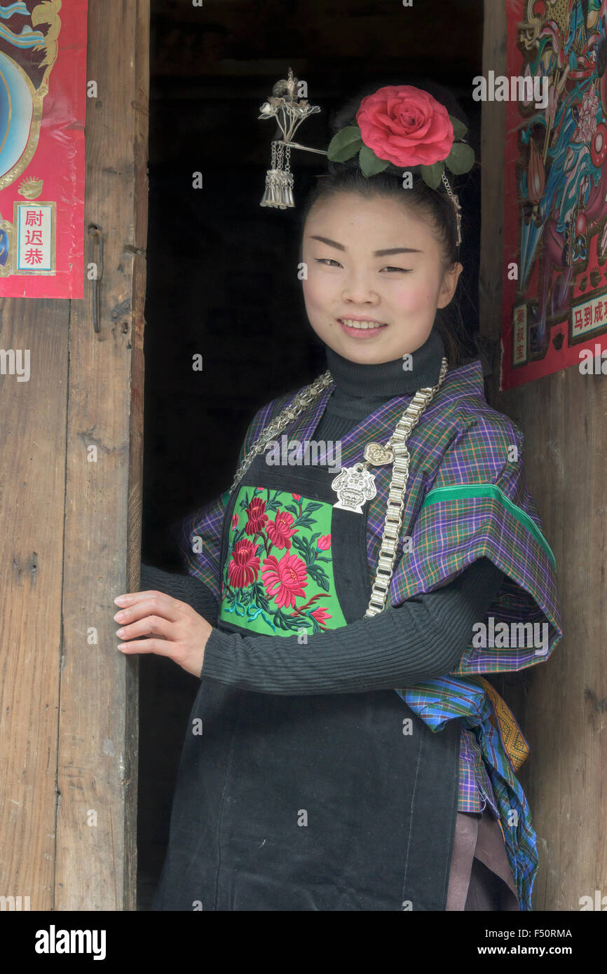 Young Miao girl in traditional attire 1, Shiqiao Miao Village, Guizhou ...