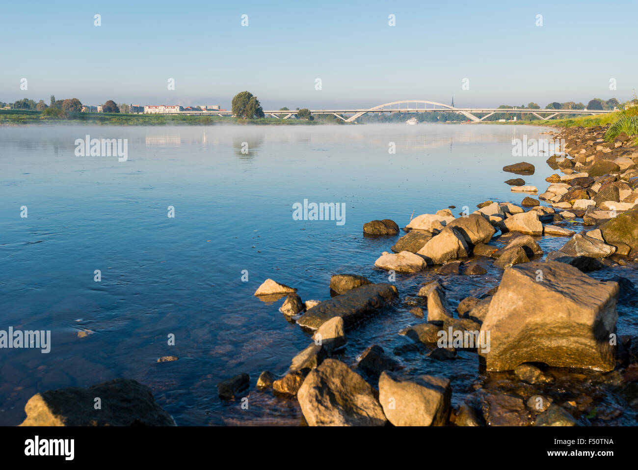 The new bridge Waldschlößchenbrücke is crossing the river Elbe, a big ...