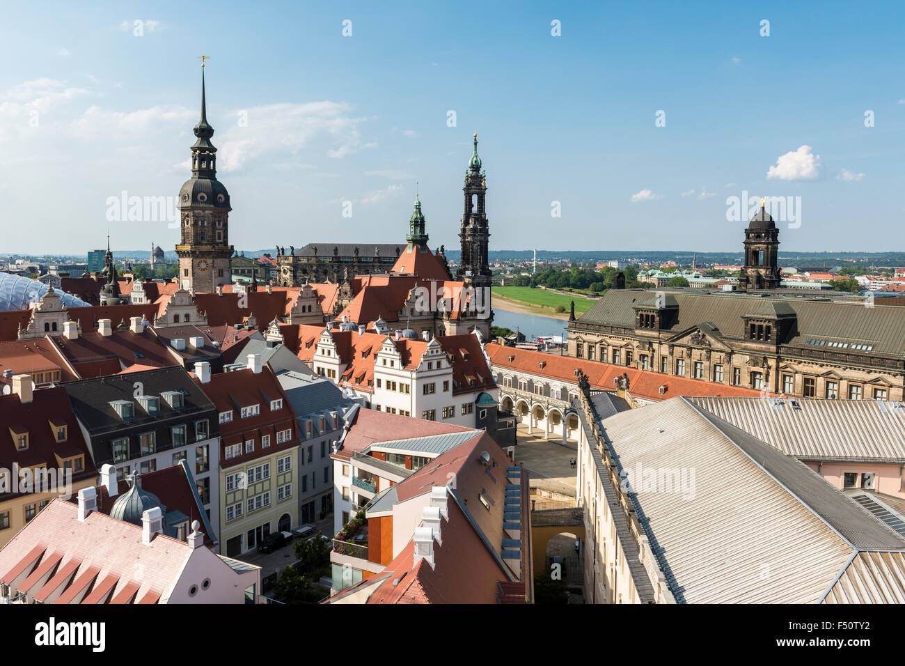 An aerial panoramic view of the Dresden Castle, the Residenzschloss ...