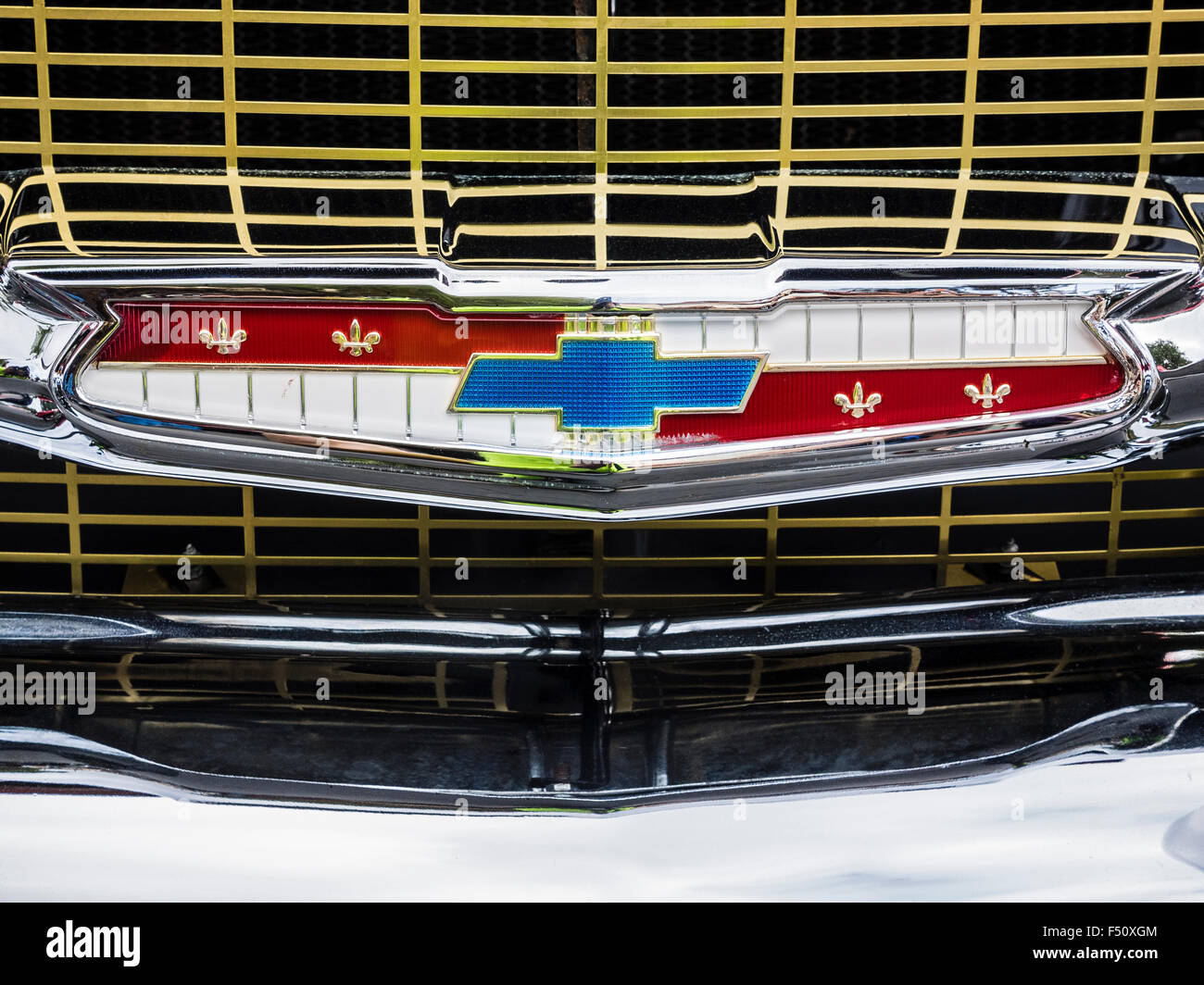The front grill emblem of a 1955 Chevrolet in Montecito, California ...