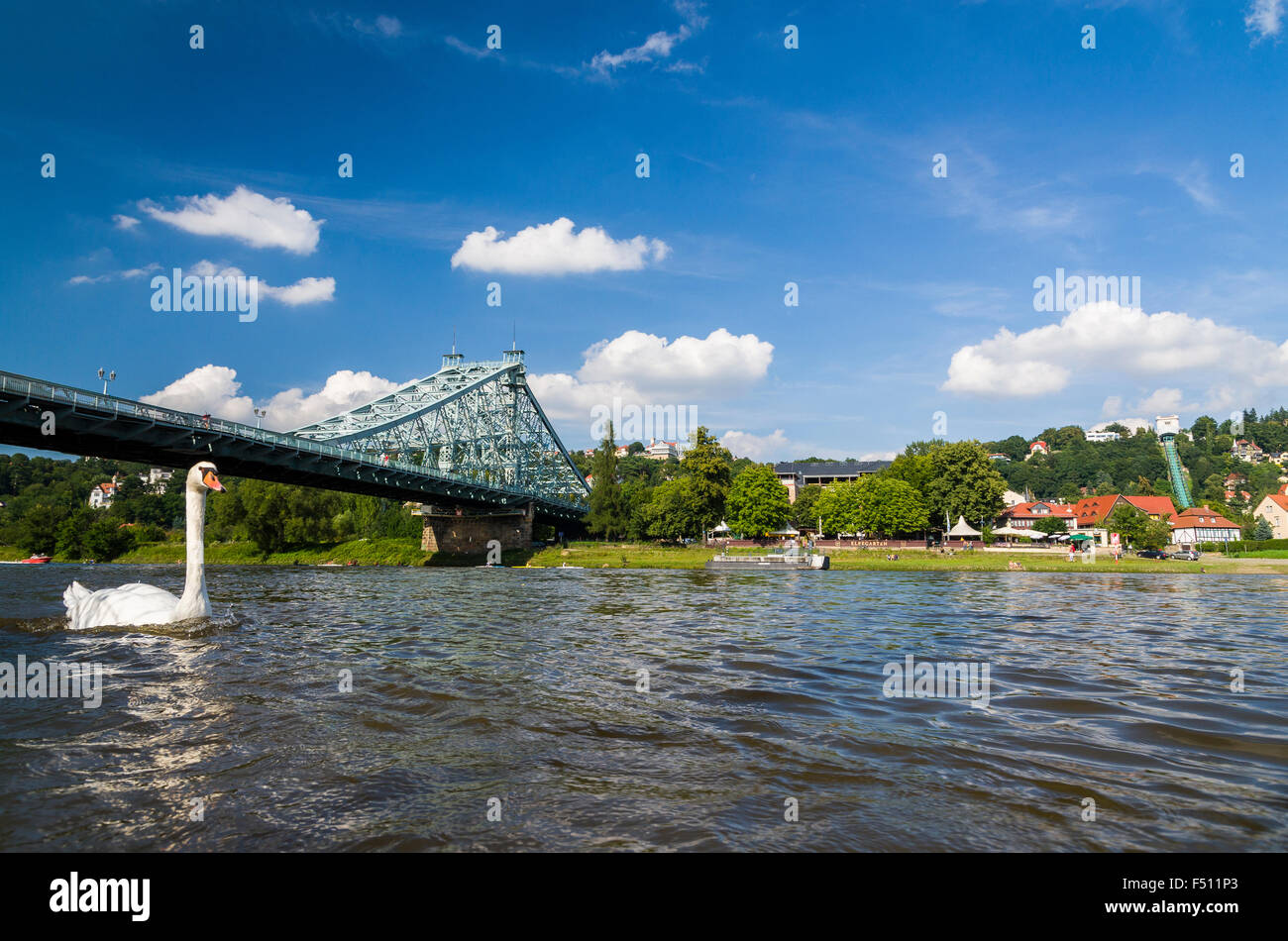 The Blue Wonder Bridge crossing the river Elbe, township Loschwitz on ...