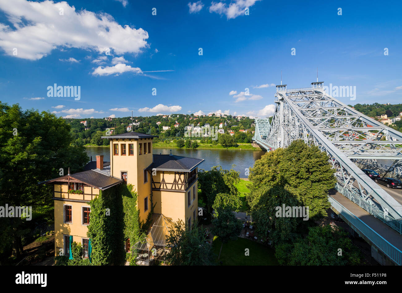 The Blue Wonder Bridge crossing the river Elbe, township Loschwitz on ...