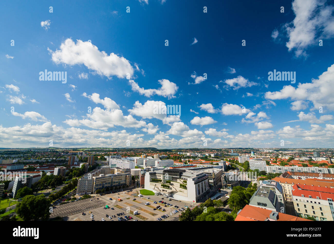 Aerial view from the City Hall tower on the shopping area Prager street ...