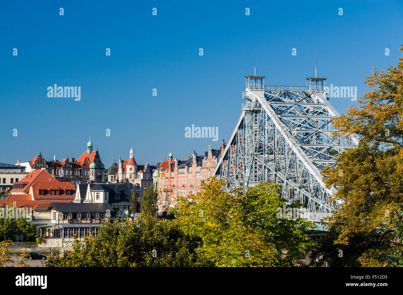 The historical Blue Wonder Bridge crossing the river Elbe in the ...