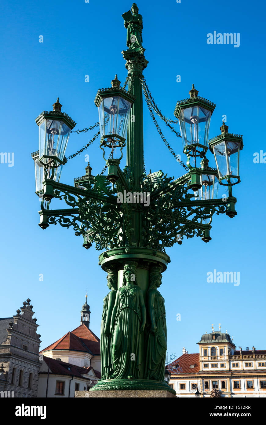 Prague, Castle district, a sumptuous lamp post in the Castle square in ...