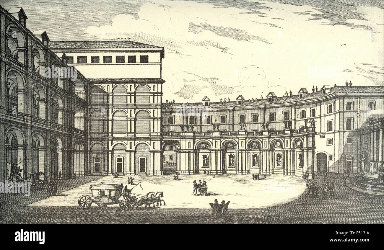 Illustration of inside middle of the courtyard of the Roman Curia in ...