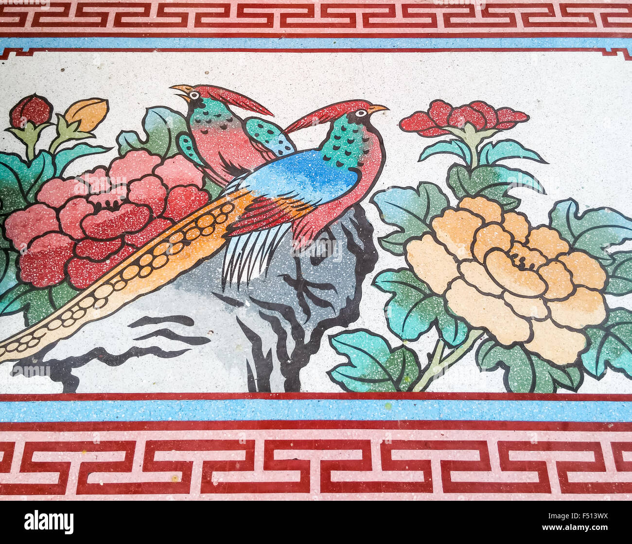 Peacock painting in traditional Chinese style of the Thai temple Stock ...