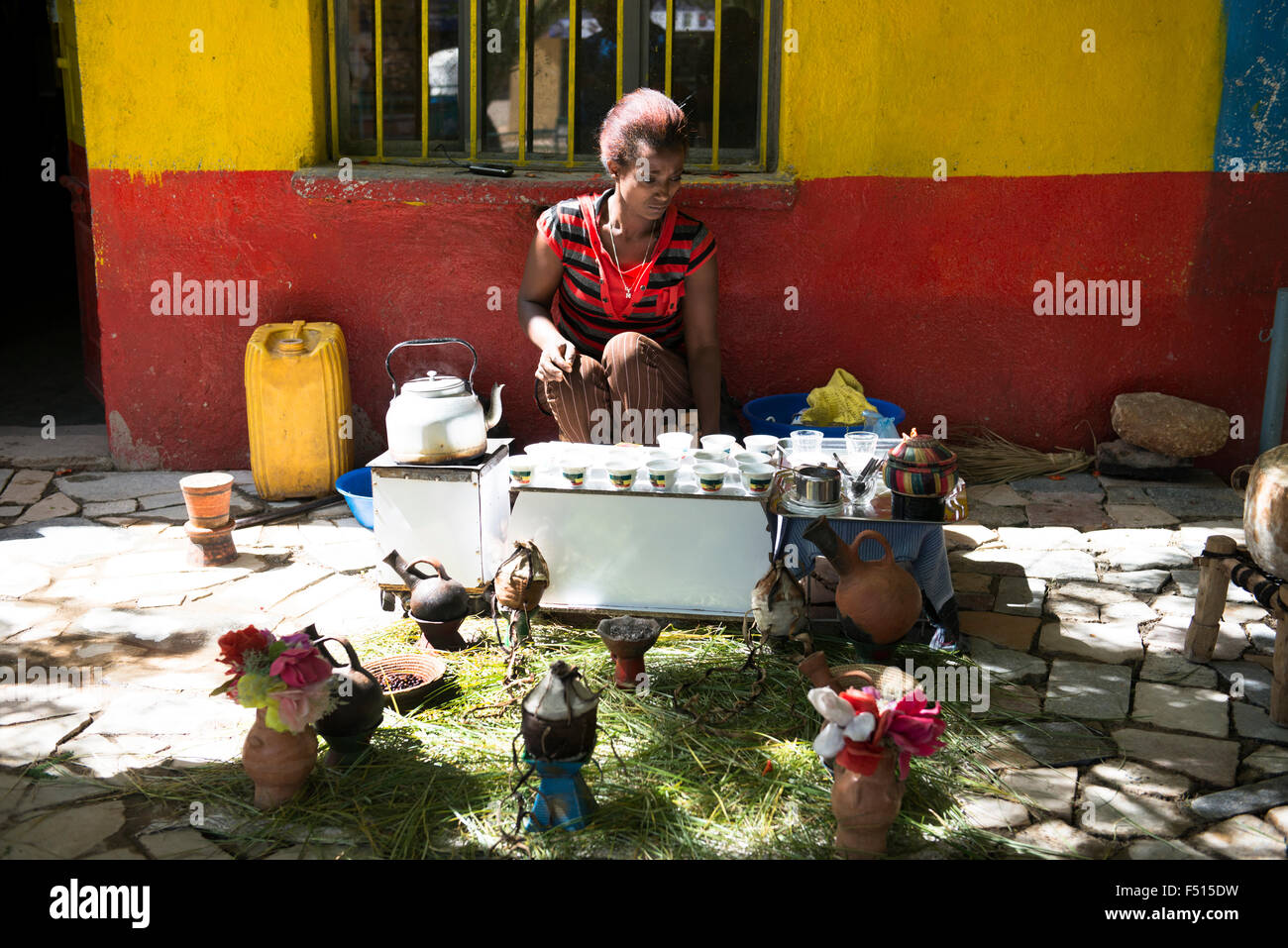 Coffee preparation in a small street coffee shop in Axum Stock Photo ...