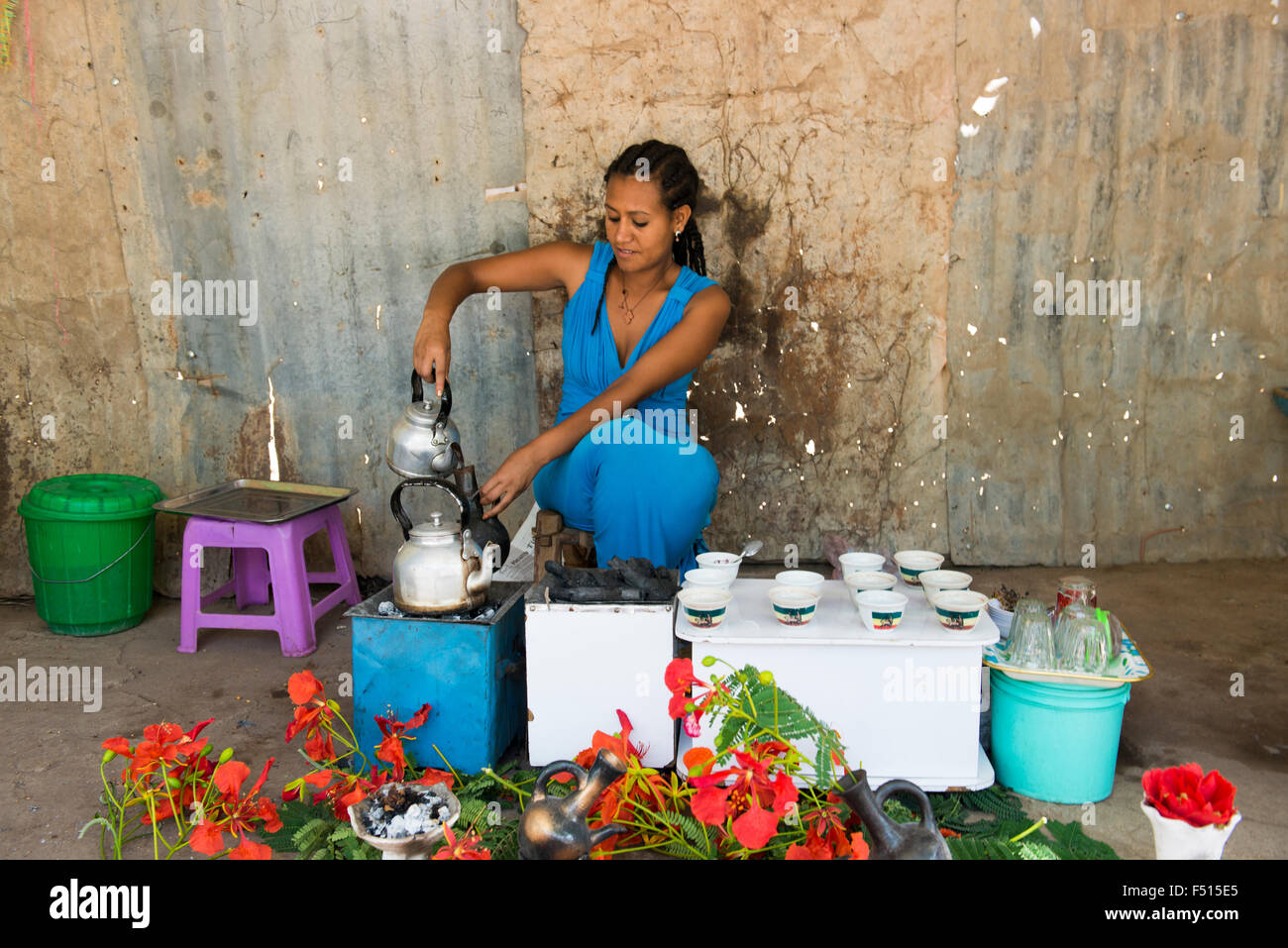 Coffee preparation in a small street coffee shop in Axum Stock Photo ...