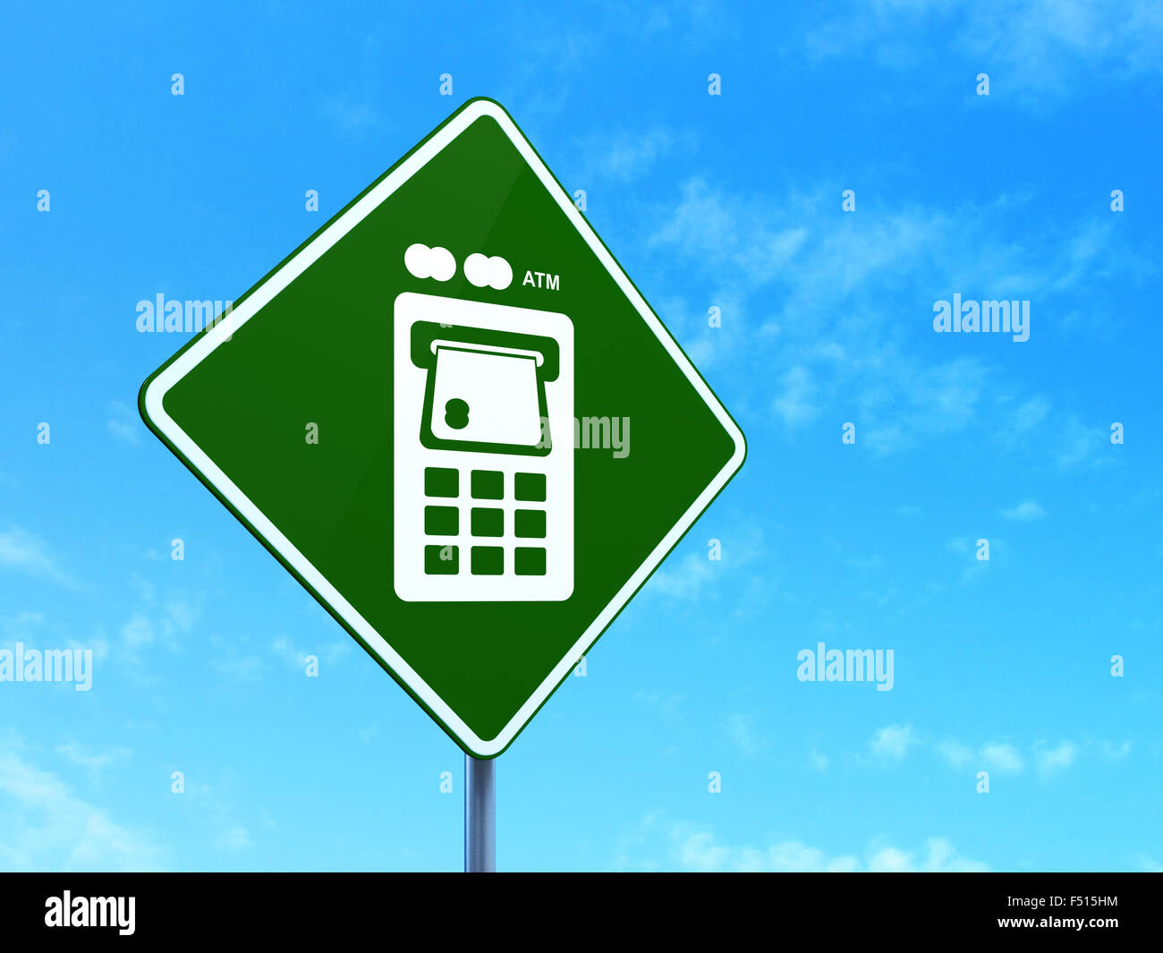 Banking concept: ATM Machine on road sign background Stock Photo - Alamy
