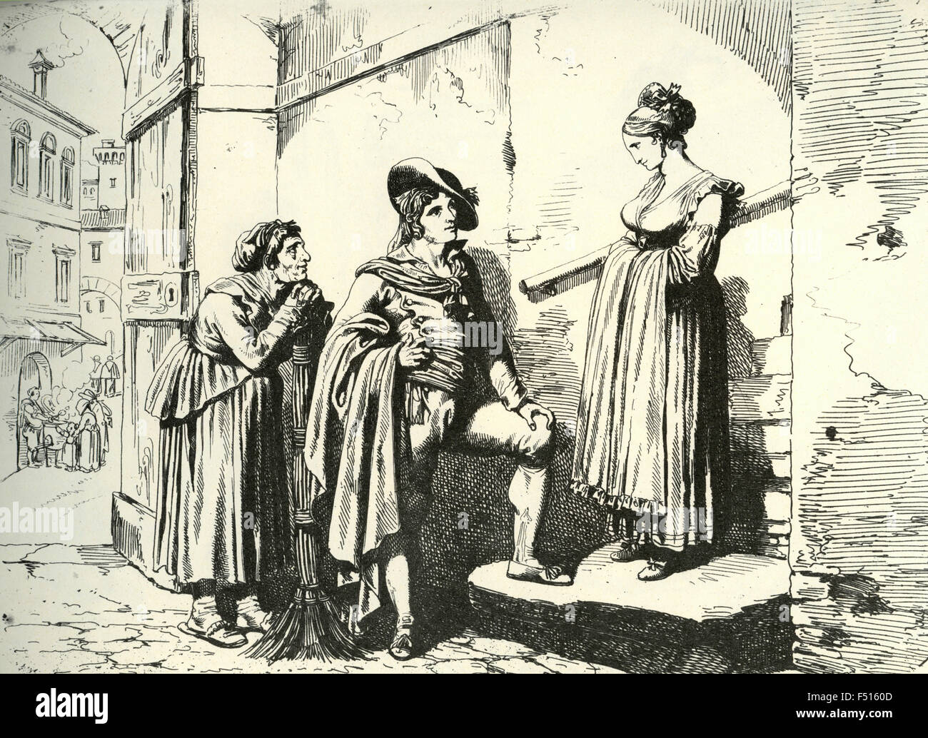 Illustration: Nuccia mortified in front of Meo Patacca who greets her ...