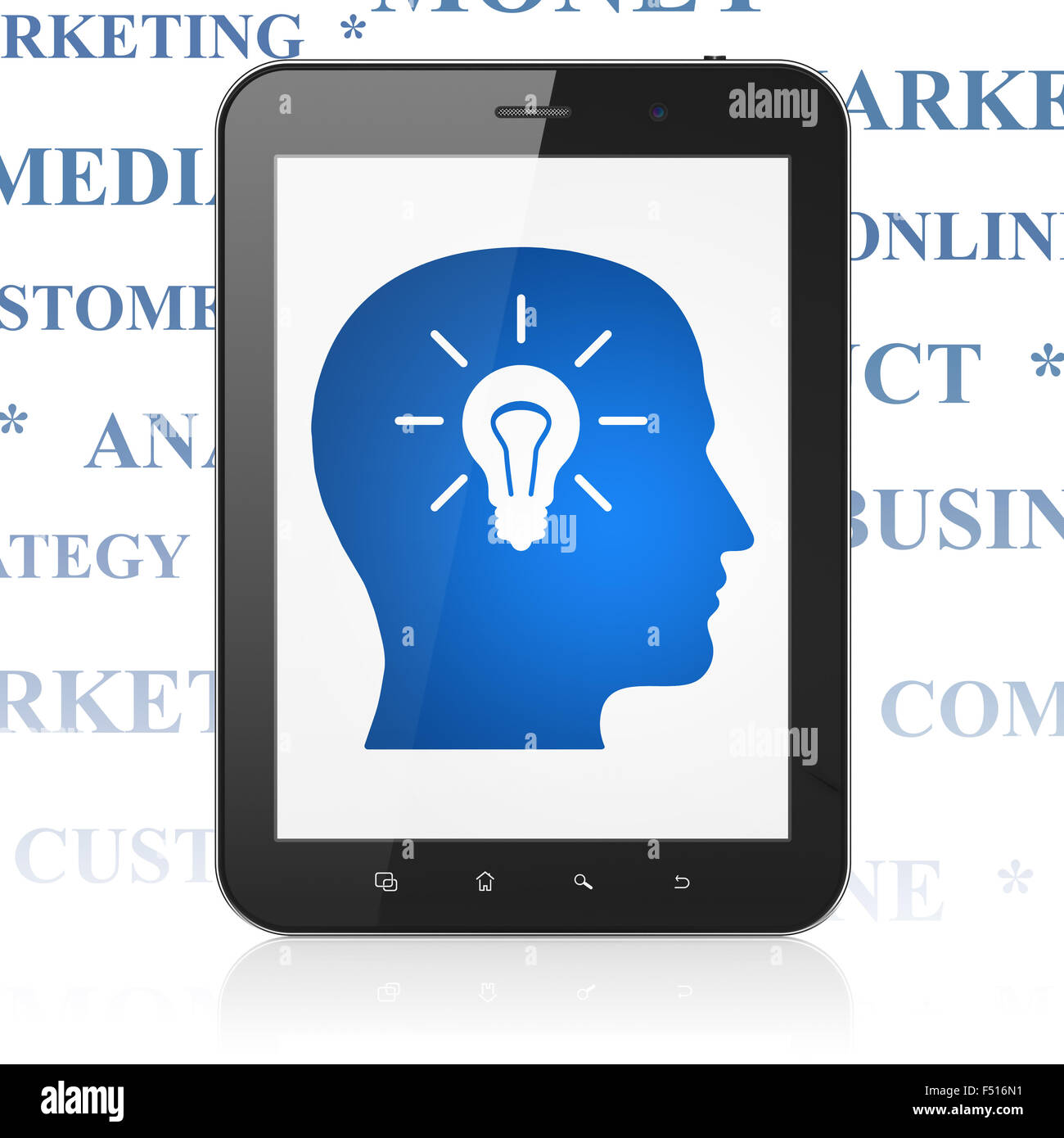 Advertising concept: Tablet Computer with Head With Light Bulb on ...