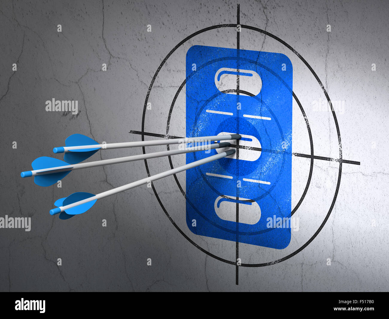 Medicine concept: arrows in Pills Blister target on wall background ...