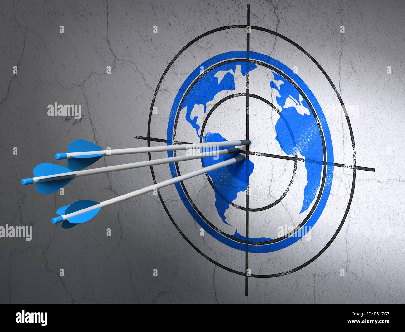Studying concept: arrows in Globe target on wall background Stock Photo ...