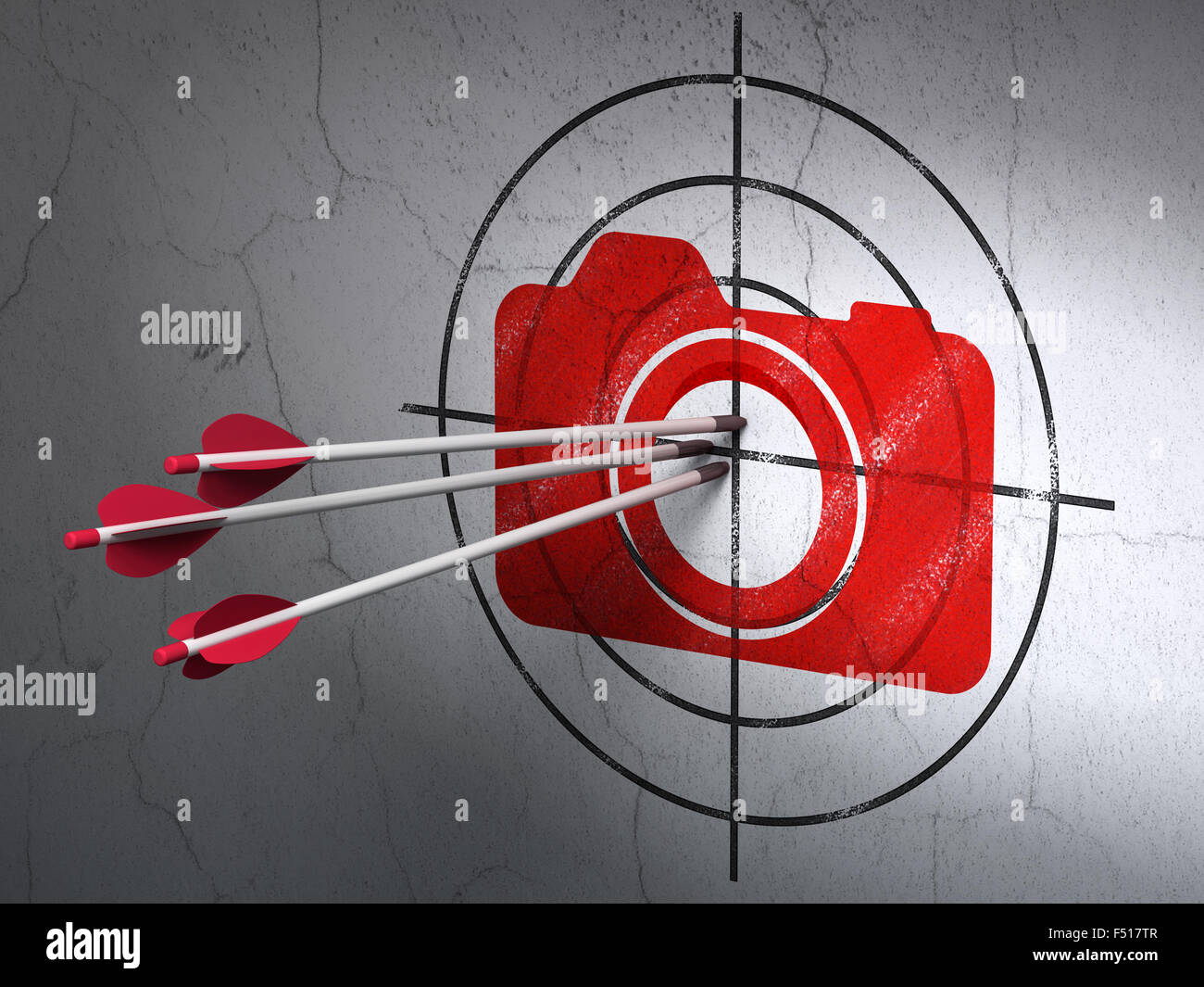 Vacation concept: arrows in Photo Camera target on wall background ...