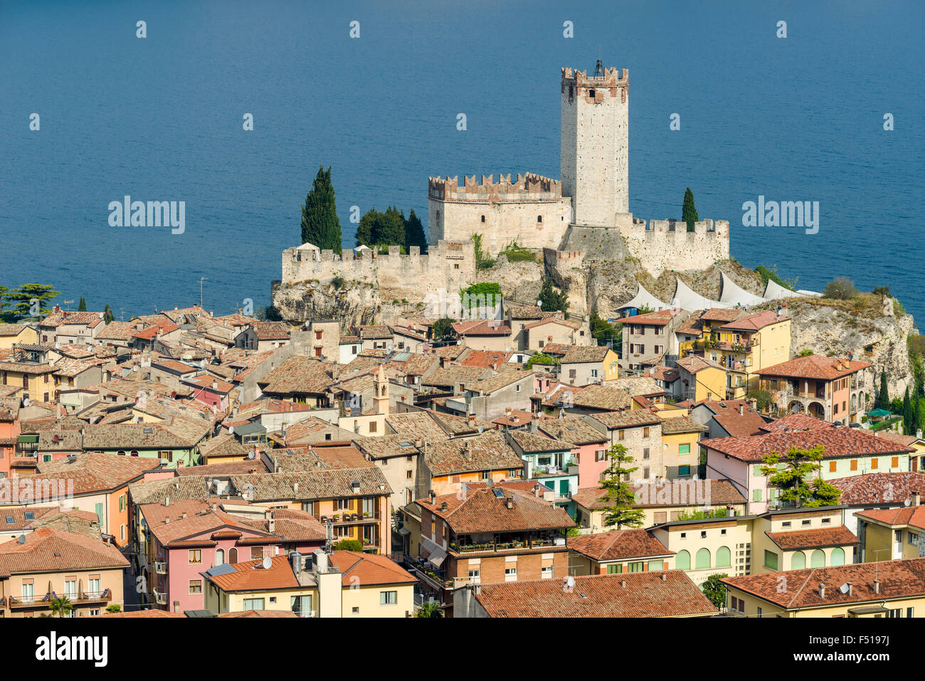 Aerial view of the old town, located at the shore of Lake Garda Stock ...