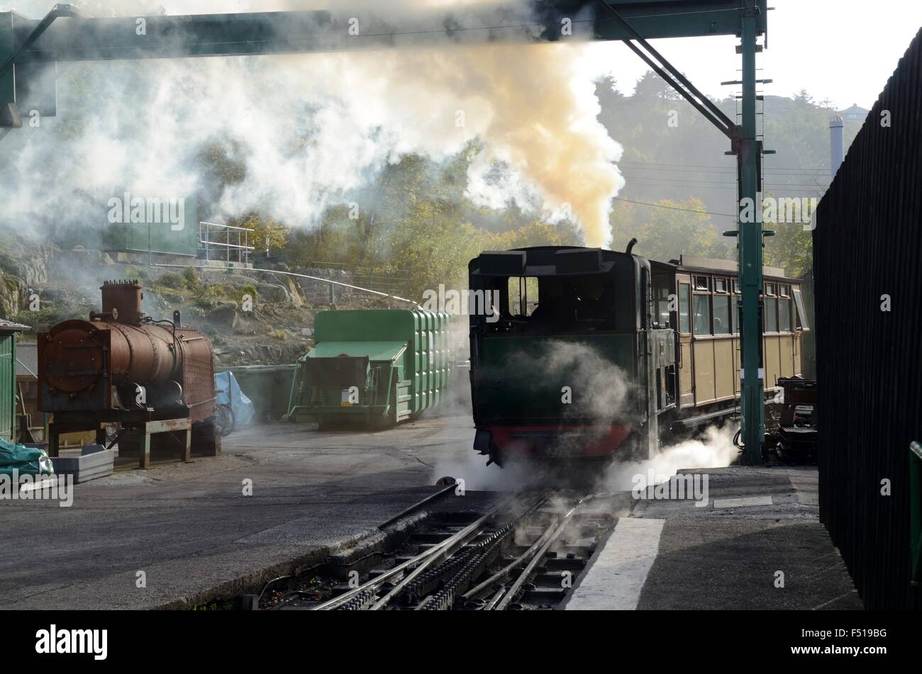 Snowdon Mountain Railway steam locomotive at Llanberis railway station Snowdonia National Park ...