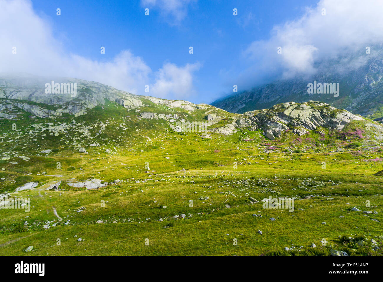 High altitude landscape with mountains and green meadows at ...