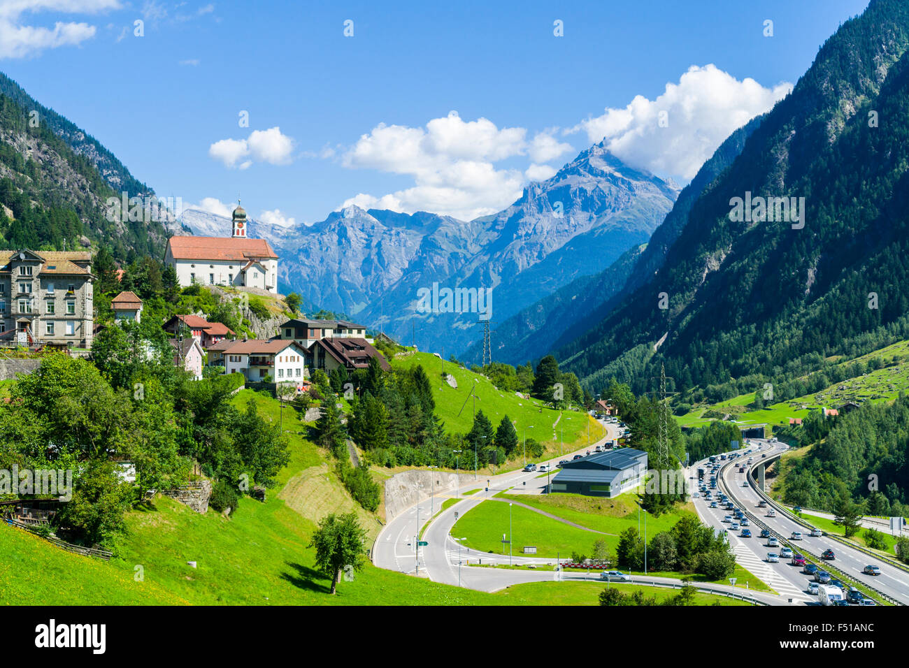 The village with a church is located in a high altitude landscape with ...