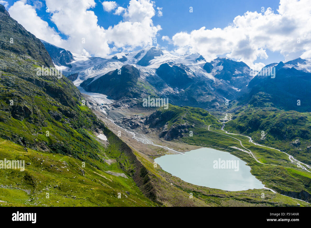 High altitude landscape with mountains, glaciers, green meadows and a ...