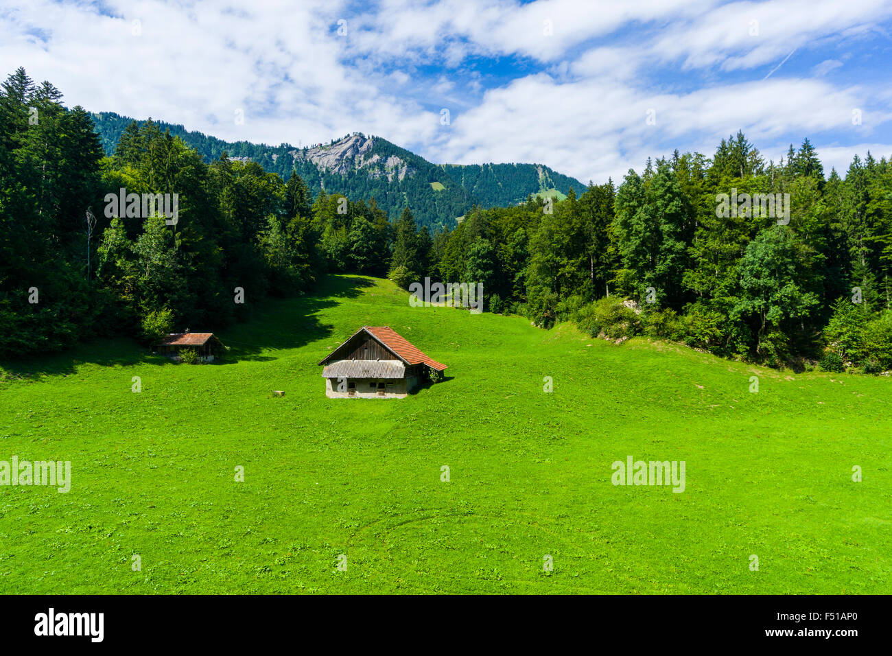 High altitude landscape with some farmers houses, mountains, forest and ...