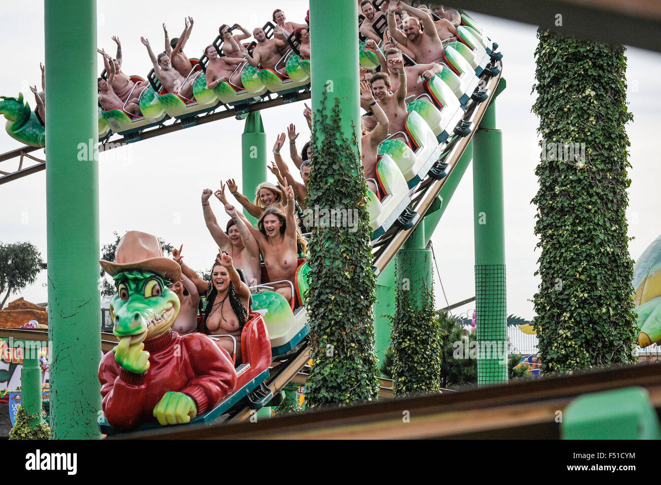 Naked Thrill Seekers Ride The Green Scream Roller Coaster On A Very Naked Thrill Seekers Ride The Green Scream Roller Coaster On A Very