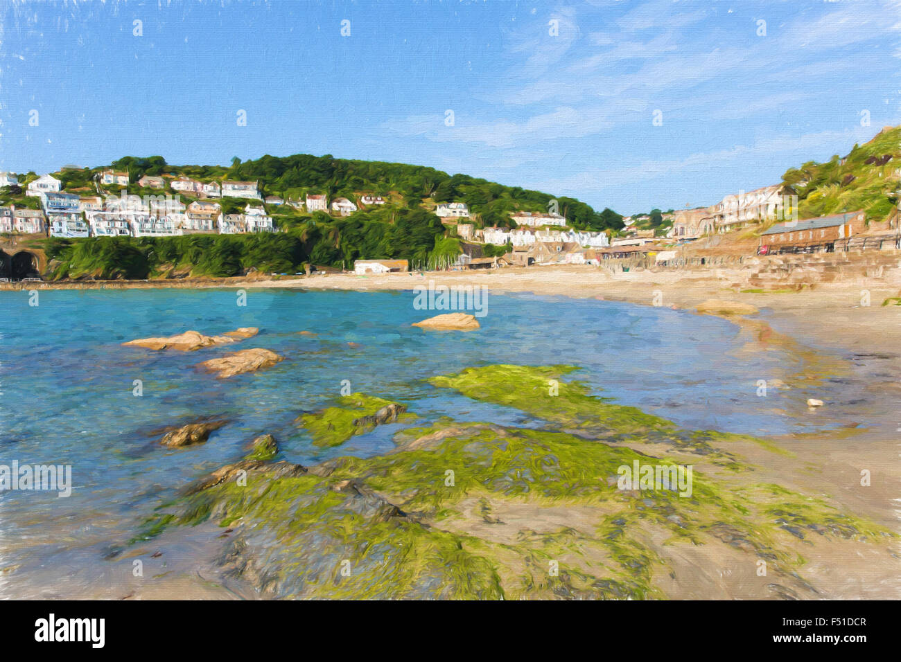 Looe Cornwall England UK with beach and blue sea and sky illustration ...