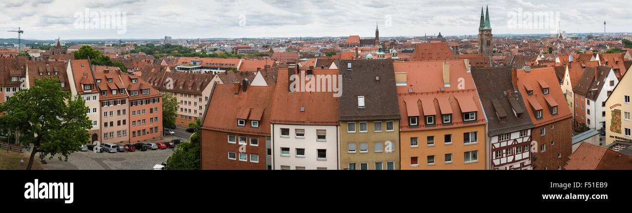 Panoramic landscape view across the rooftops of Nuremberg, Bavaria ...
