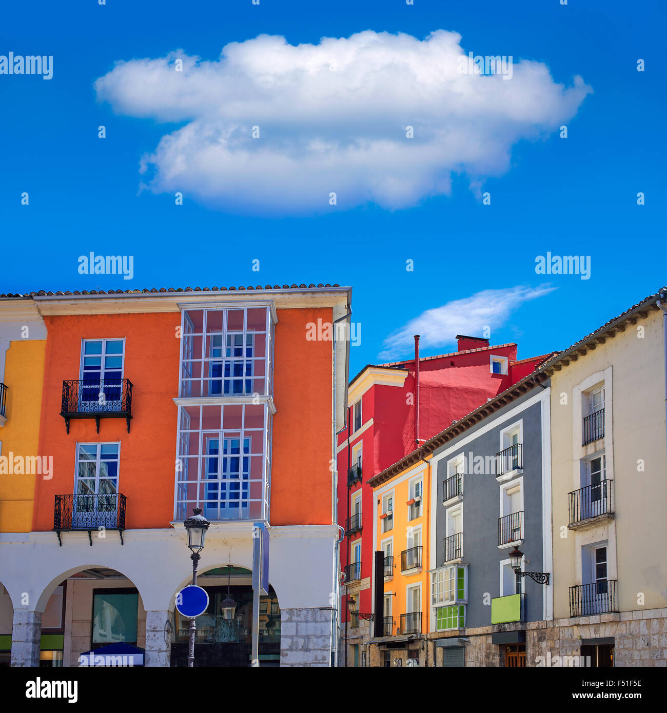 Santander street in Burgos arcades facades in Castilla Leon of Spain ...
