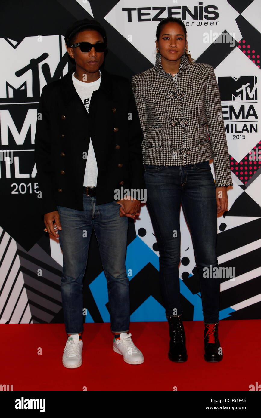 Singer Pharrel Williams and Helen Lasichanh arrive at the 2015 MTV ...