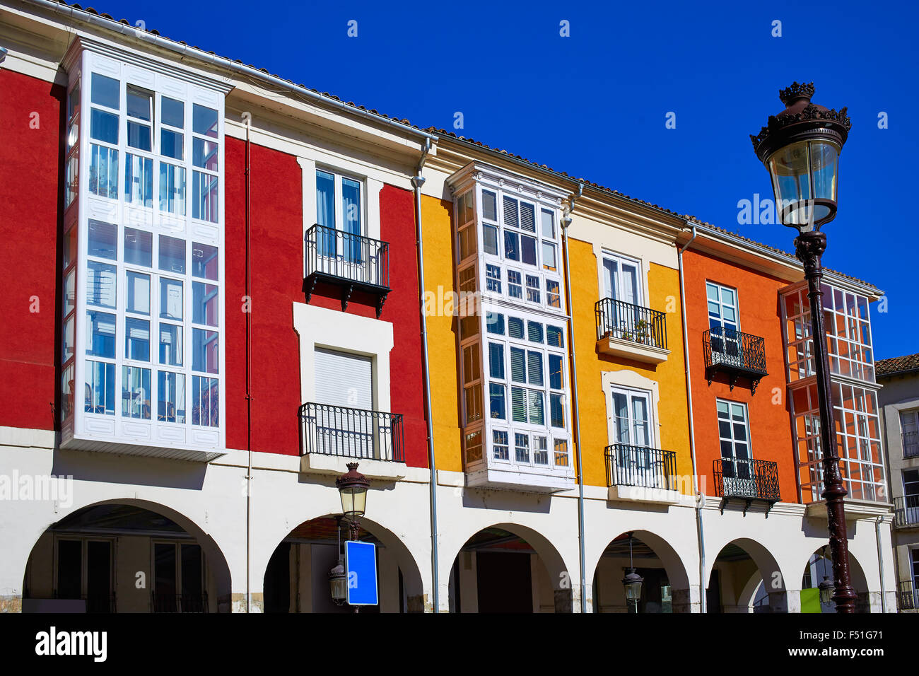 Santander street in Burgos arcades facades in Castilla Leon of Spain ...