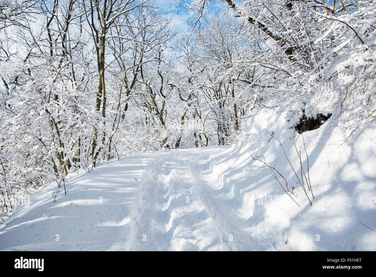 Tourist footpath in snowy winter landscape. Seasonal natural scene ...