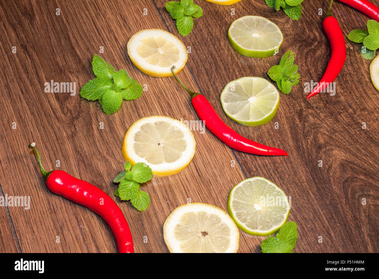Chili, between lemons, limes and mints, on wooden background Stock ...