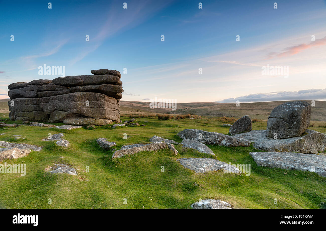 Weathered granite stacks at Combestone Tor on Dartmoor in Devon Stock ...