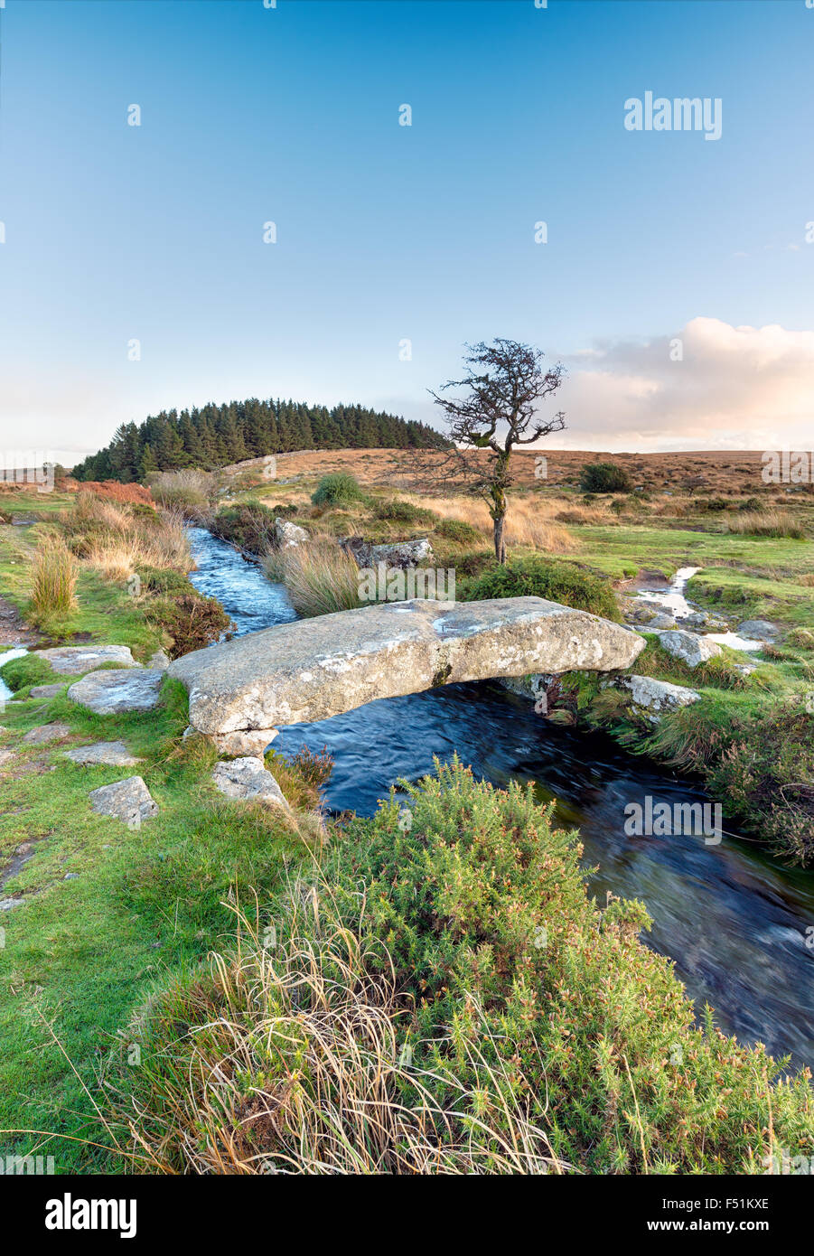 An ancient clapper bridge crossing Walla Brook at Scorhill near ...
