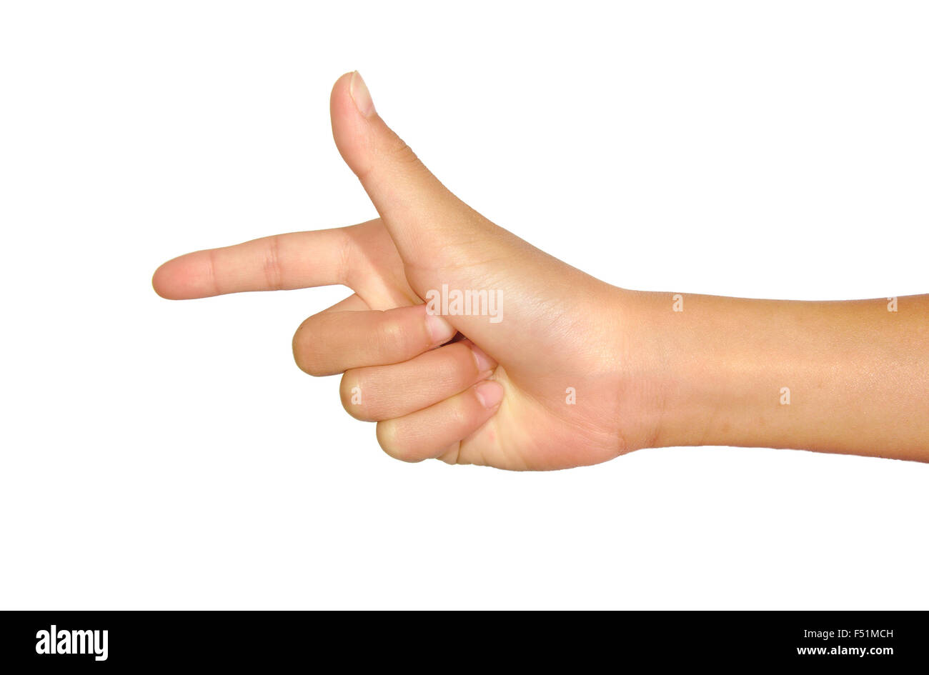 Female caucasian hand gesture of a single pointing finger isolated over ...