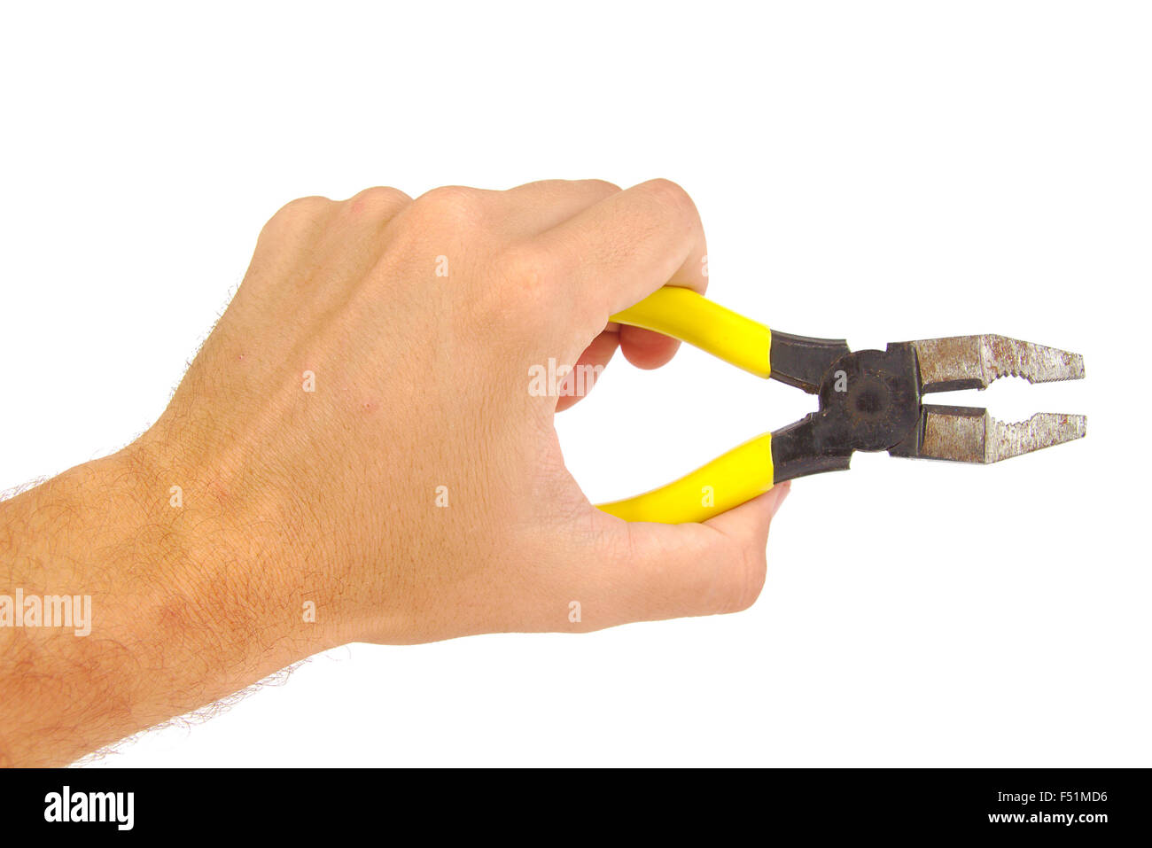 Hand holding pliers on a white background Stock Photo - Alamy