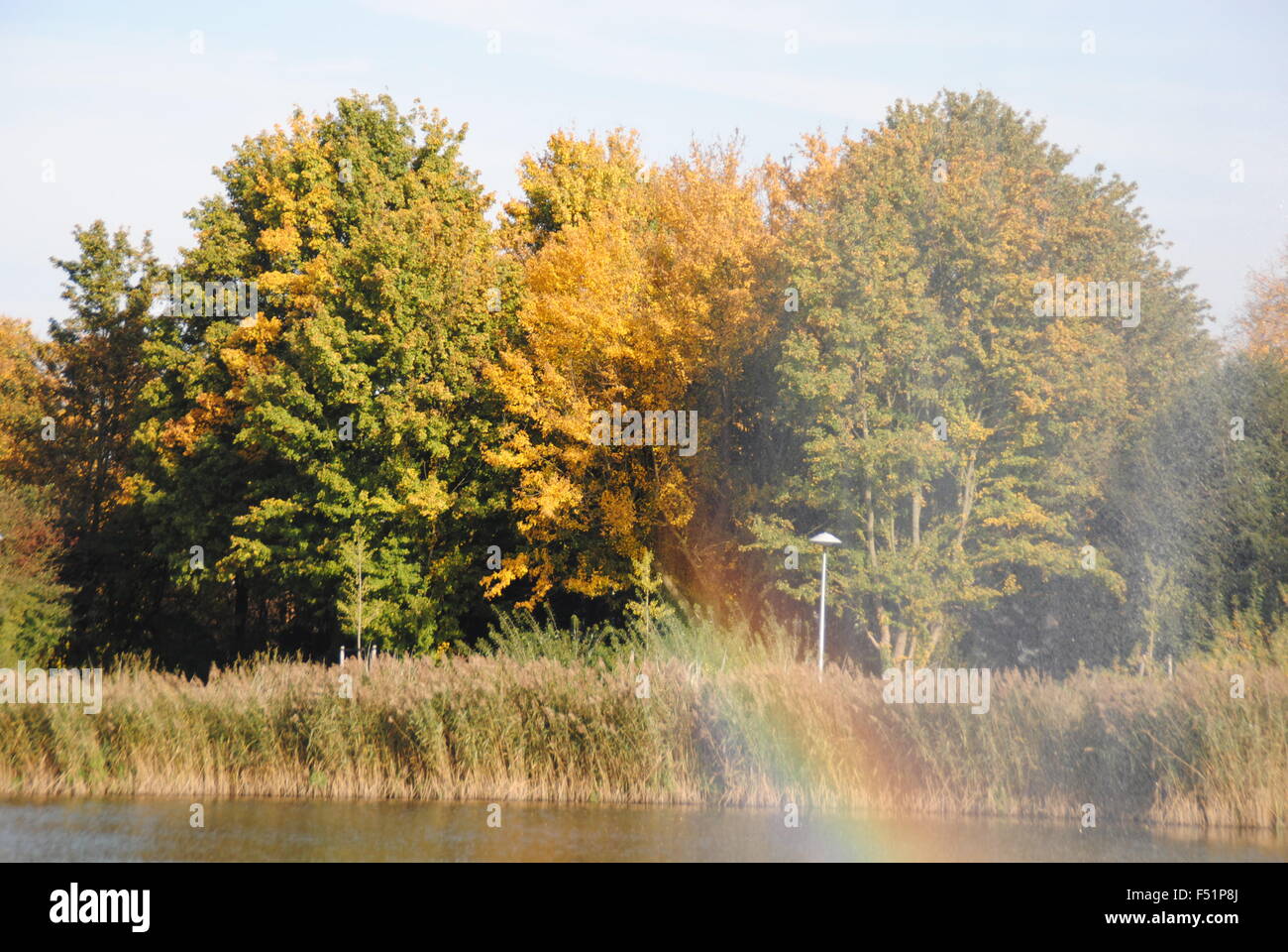Autumn trees with a rainbow from the water fountain Stock Photo - Alamy