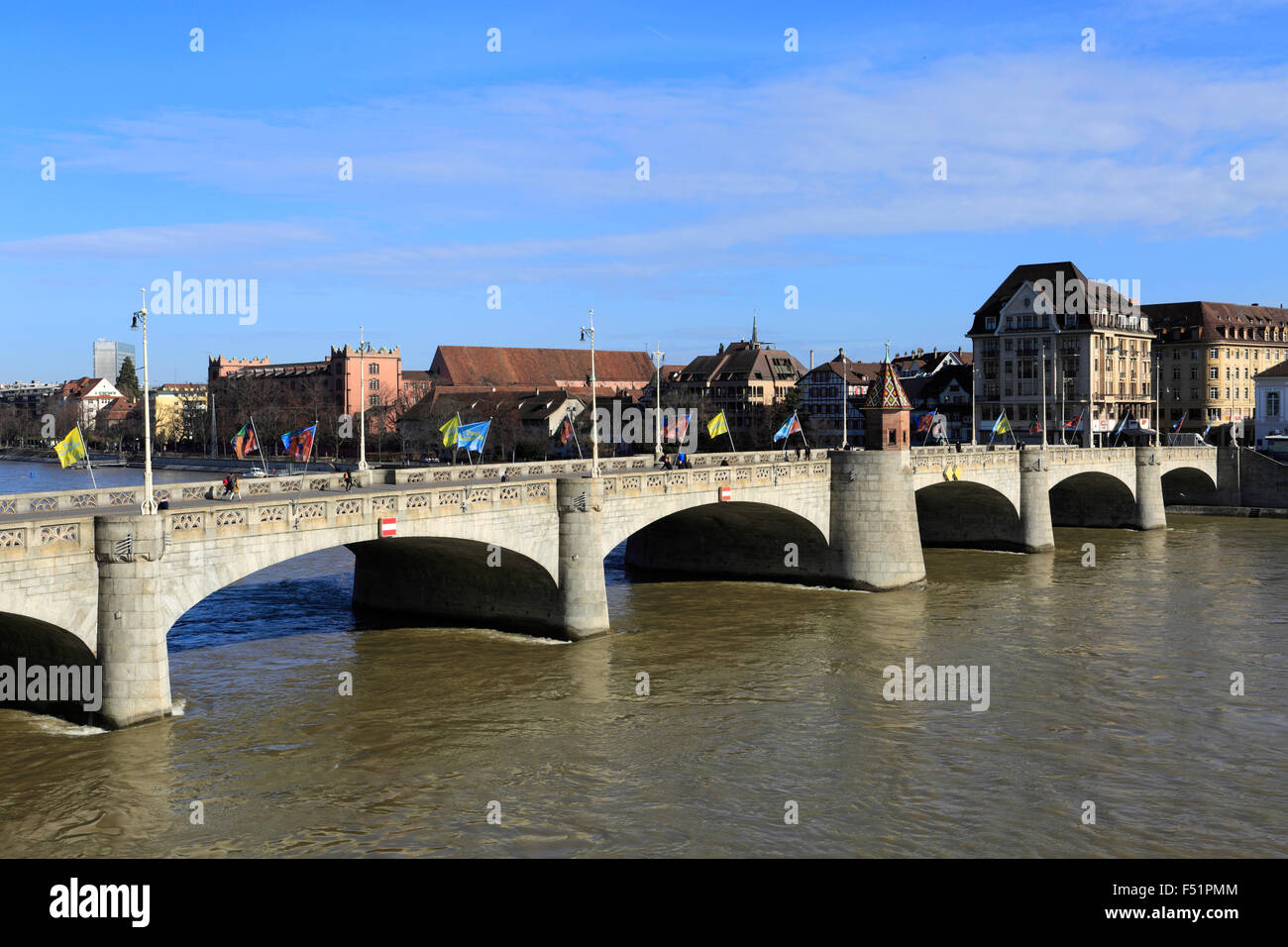The medieval Mittlere Brücke stone bridge over the river Rhine, city of ...